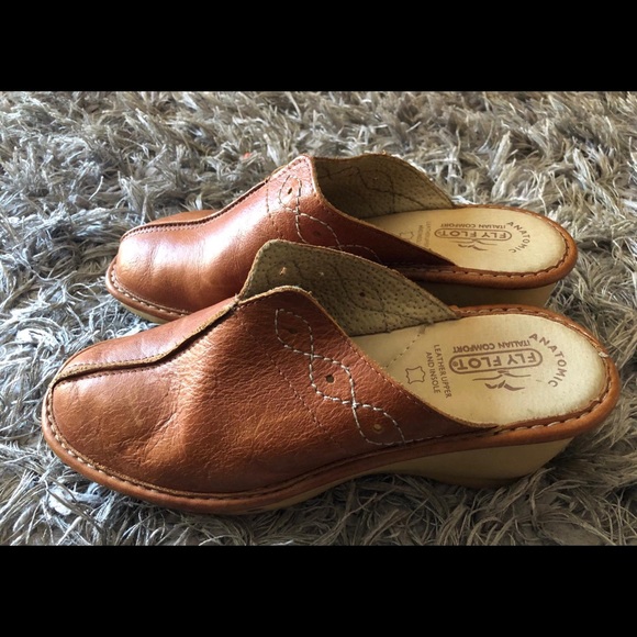Shoes | Fly Flot Brown Leather Slide On Open Heel Clog | Poshmark